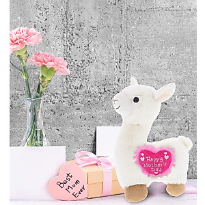 DolliBu Happy Mother's Day Super Soft Plush White Llama Figure - Cute Stuffed Animal with Pink Heart Message for Best Mommy, Grandma, Wife, Daughter - 9" Inches