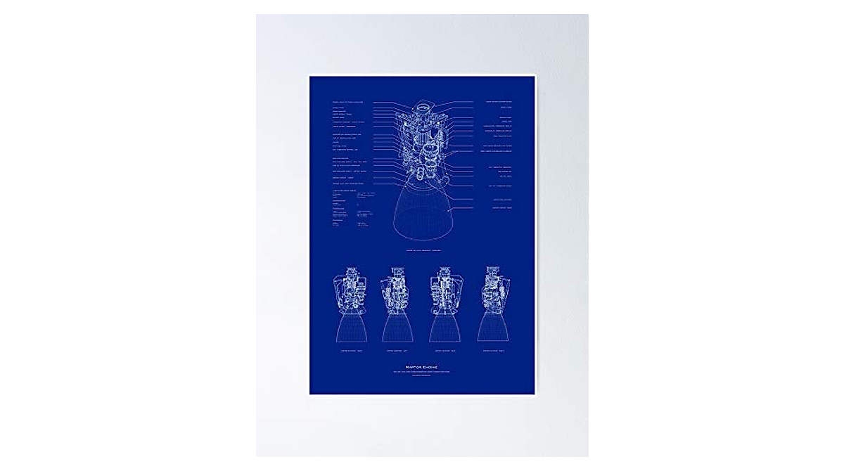 Spacex Raptor Rocket Engine Blueprint Poster - Inspirational Wall Art