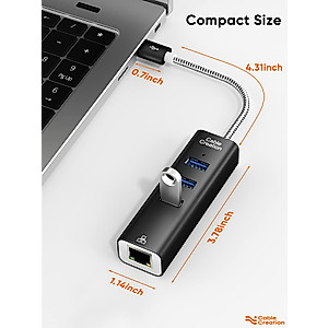 USB to Ethernet Adapter, CableCreation 3-Port USB 3.0 Hub, USB 3.0 Ethernet Adapter RJ45 10/100/1000 Mbps Gigabit Compatible with Windows PC, Laptop, MacBook Pro, USB Flash Drives etc, Aluminum Black