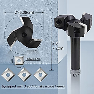 Virego CNC Spoilboard Surfacing Router Bit, 1/2" Shank 2" Cutting Diameter, Slab Flattening Router Bit Planing Bit, 3 Additional Replaceable Carbide Inserts