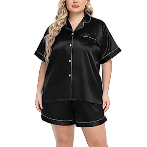 SWOMOG Women's Plus Size Pajama Set Silk Satin Pajamas Button Down Loungewear Short Sleeve Pjs 2 piece Sleepwear 16-28W Black