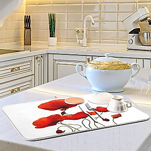 Oarencol Poppy Red Flower Dish Drying Mat Large Kitchen Counter Reversible Microfiber Dishes Drainer Mat 18 x 24 Inch