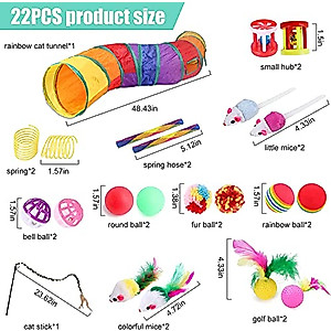 22PCS Cat Toys, Kitten Toy with Collapsible Rainbow Cat Tunnel, Cat Toys for Indoor Cats, Interactive Cat Toy Set Include Crinkle Ball, Variety Jingle Bells, Spring Toy, Mouse Toys for Cats, Kitty