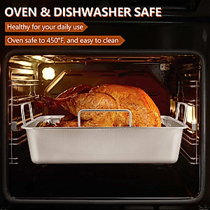 Roasting Pan with Rack Set of 3(Deep Broiling Pan & V-shaped Rack & Flat Cooling Rack), Herogo 14 Inch Stainless Steel Turkey Roaster Pan for Thanksgiving Christmas, Dishwasher Safe