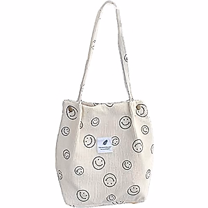 GESALOP Vintage Corduroy Tote Smiley Face Bag Aesthetic Stuff School Cute Tote Teen Girl Fashion Stuff,garbage Aesthetic (Beige)