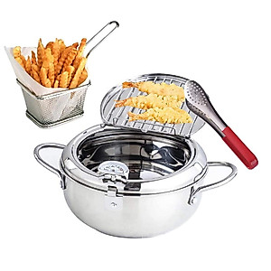 Deep Fryer Set,3.6QT Mini Deep fry Pot with French Fries Basket and Frying Tongs -Stainless Steel Deep Fry Pan with Thermometer