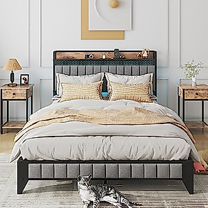Saudism Full Size Bed Frame with Charging Station, Bed Frame with Led Lights, Full Platform Bed Frame with Soft Storage Headboard, Sturdy and Durable, No Box Spring Needed, Rustic Wood + Steel, Grey