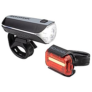 Schwinn LED Bike Light Headlight and Tailight, USB Rechargeable, 300 Lumen Light Set, Black