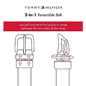 Tommy Hilfiger Men's Reversible Leather Belt - Casual for Mens Jeans with Double Sided Strap and Silver Buckle , cognac/black, 34
