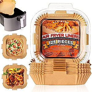 Air Fryer Liners 7.9 inch, 125 Pcs Square Disposable Paper Liners with Four Handles, Oil-proof Water-proof Parchment Paper, Food Grade Cooking Paper for Air Frying, Baking, Roasting Microwave
