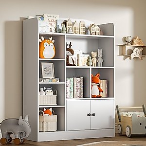 DIYART White Kids Bookshelf, Kids Bookcase with 7 Cubbies and 2 Cabinets, Freestanding Book Storage Shelves for Bedroom, Playroom, Hallway
