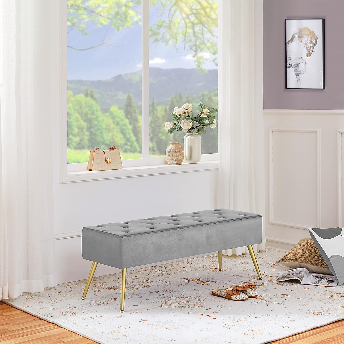 Yaheetech Modern Ottoman Bench Velvet Bench Upholstered Footrest with Gold Metal Legs and Padded Seat Gray