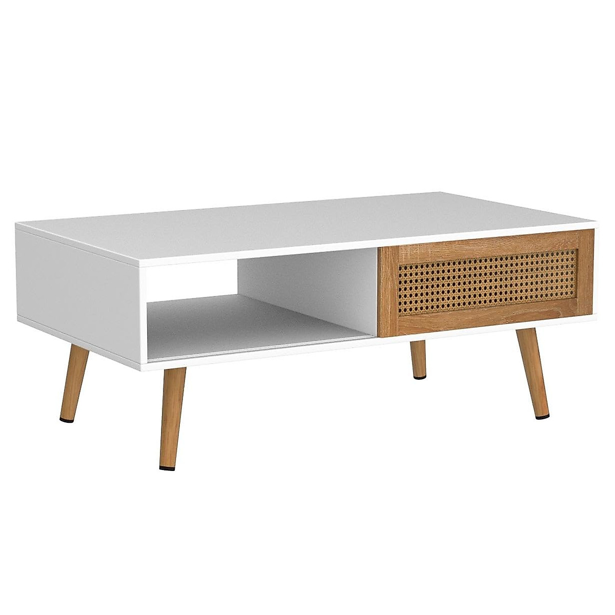 Mid Century Modern Coffee Table with Storage, 41.3 Inch Rectangle Wooden Accent Center Sofa Table with Sliding PE Rattan Woven Door Panel and Solid Wood Legs, Suitable for Living Room, Apartment