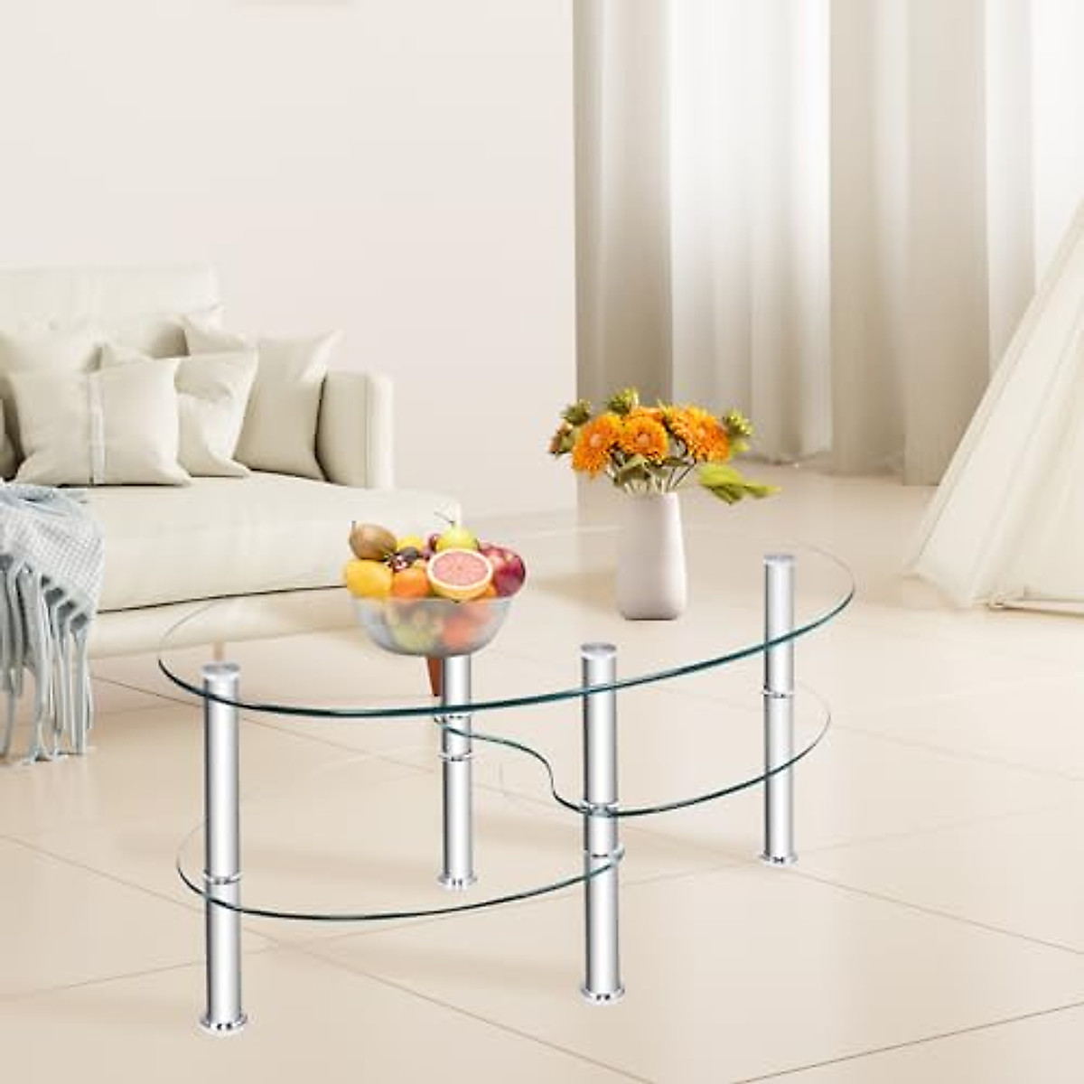 Glass Coffee Table, 3-Tier Oval-Shaped Glass Tea Table Modern Smooth Tea Table w/Spacious Glass Desk-Top Boards & Sturdy Chrome Plated Legs Home Office Reception