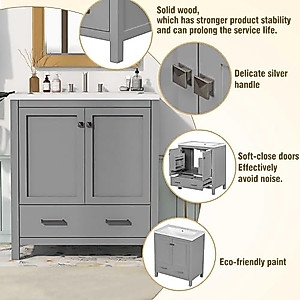 RIDFY 30" Bathroom Vanity with Sink, Modern Combo Cabinet Undermount Sink with 2 Doors and Drawer, Multifunctional Storage, Freestanding Single Basin Vanity, Solid Wood Frame (Grey)