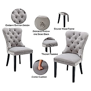 CIMOO Velvet Upholstered Dining Chairs Set of 4 Comfortable Tufted Chair Modern Armless Chairs with Button, Nailhead Trim, (Grey, Ring on The Back)