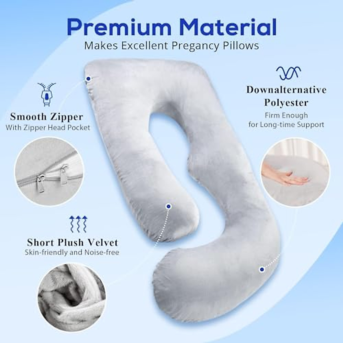 Sasttie Pregnancy Pillows for Sleeping, U Shaped Body Pillow Side Sleeper Pregnancy Must Haves, Maternity Pillow for Pregnant Women, Full Pregnant Pillow with Removable Velvet Cover, Grey