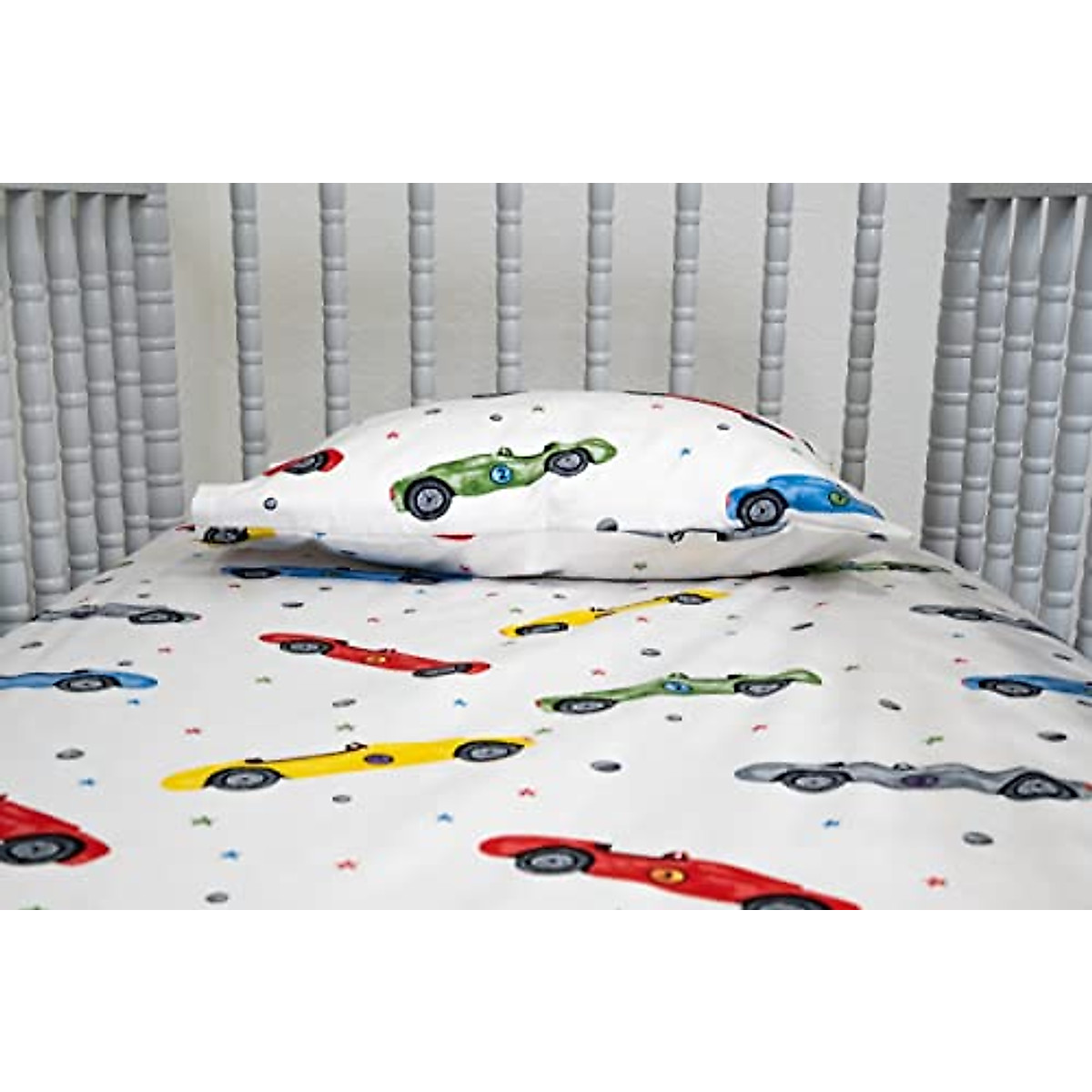 AREVENT 100% Organic Cotton Crib Sheet Set (2 Pieces)– Car Print Kids Bedding Set – GOTS Certified, Made in USA, 250 Thread Count (Crib/Toddler Sheet Set, Cars)