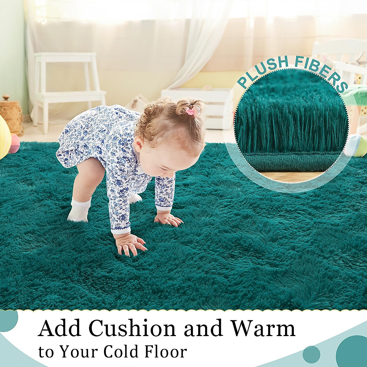 BENRON Living Room Rug 4x6 Area Rug Teal Green Fluffy Rugs for Bedroom Fuzzy Rugs for Girls Kids Room Shaggy Nursery Rug Memory Foam Rug Anti-Slip Carpets