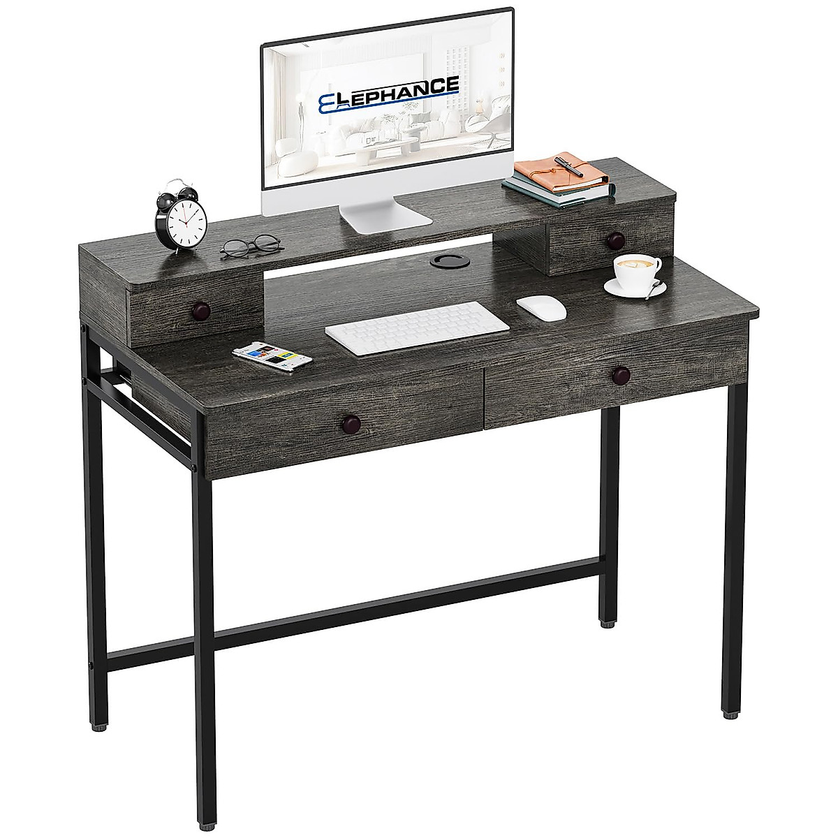 Elephance Small Computer Desk with Monitor Stand 39.37" Home Office Desk with 4 Drawers Study Writing Desk Gaming Table for Small Space