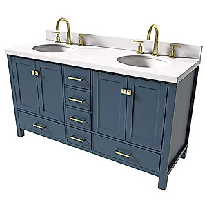 ARIEL Double Bathroom Vanity 61" Inch in Midnight Blue with Pure White Quartz Countertop, Oval Sinks, 4 Soft Closing Doors and 6 Full Extension Dovetail Drawers, No Mirror