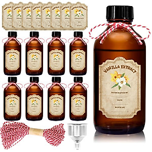 NVioAsport 8 Pack 4 Ounce Amber Glass Bottle with Lids Vanilla Extract Homemade Brown Bottle 4 oz and 8 Pcs Vanilla Extract Stickers for Syrup Gift Glass Food Storage Canister Set Sauce Beans