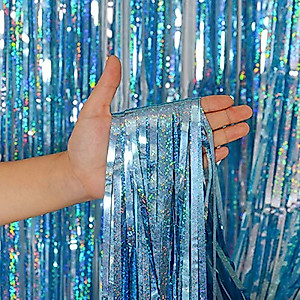 Foil Fringe Curtains Party Decorations - Melsan 3 Pack 3.2 x 8.2 ft Tinsel Curtain Party Photo Backdrop for Birthday Party Baby Shower or Graduation Decorations Light Blue