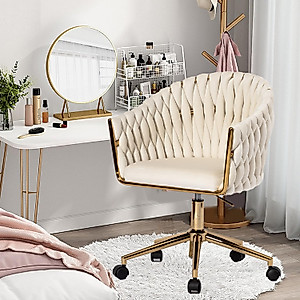 linting Velvet Office Desk Chairs Vanity Chairs with Gold Base Height Adjustable Mid Back Makeup Chairs with Wheels for Women, Hand-Woven Accent Chairs Armchair, Beige