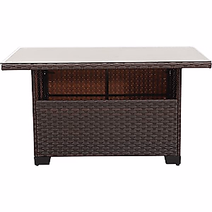 Outdoor PE Wicker Coffee Table - Patio Rattan Garden Furniture Multi-Functional Storage Tea Table with Glass Top, Dark Brown