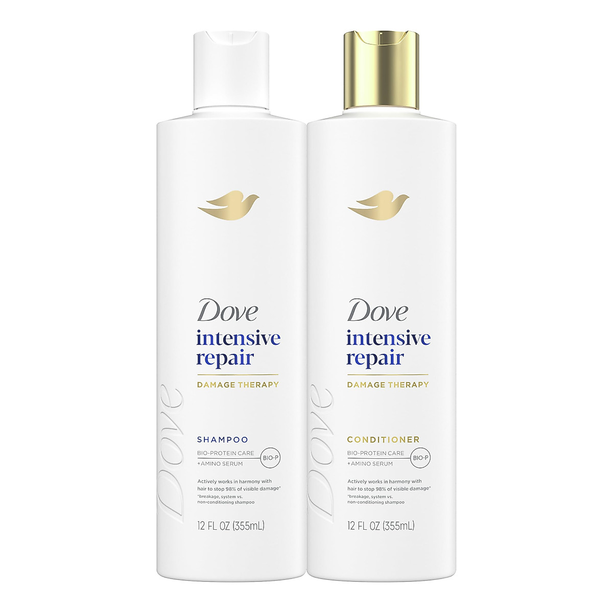 Dove Shampoo and Conditioner 2 Count for Damaged Hair Intensive Repair Bio-Protein Care Technology and Amino Serum 12 Fl Oz