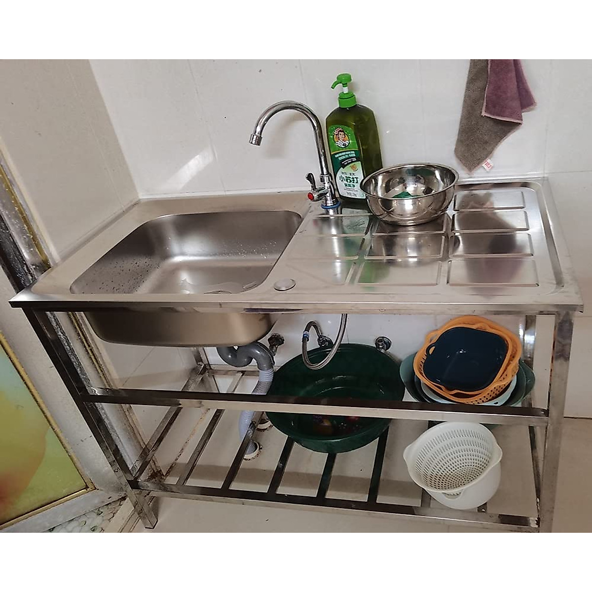 Utility 1 Compartment Laundry Sink Stainless Steel Single Bowl Kitchen Sink with hot and Cold Faucet, Free Standing Washing Hand Basin for Backyard Garage RV, Silver, 6.3 Inch Deep