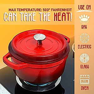 NutriChef Enameled Cast Iron Dutch Oven-5-Quart Kitchen Round Dutch Oven Stovetop Casserole Cookware, Porcelain Enamel Coated Cast-Iron Baking Pots w/ Self Basting Lid-NCCIEC45(Red),Medium