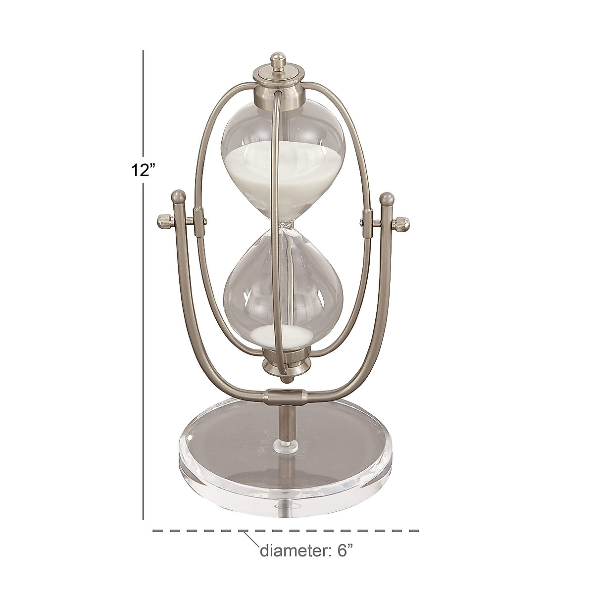 Deco 79 Glam Glass Timer, Acrylic Hourglass Sand Timer with Swiveling Iron Cage, 6" L x 6" W x 12" H, Silver