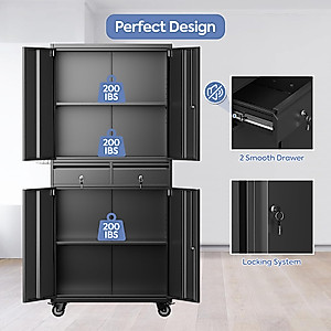 GLADIW Garage Storage Cabinet with Wheels, Metal Garage Storage Cabinet with 2 Drawers and 2 Adjustable Shelves for Homes, Offices, Kitchens, Schools and Pantries