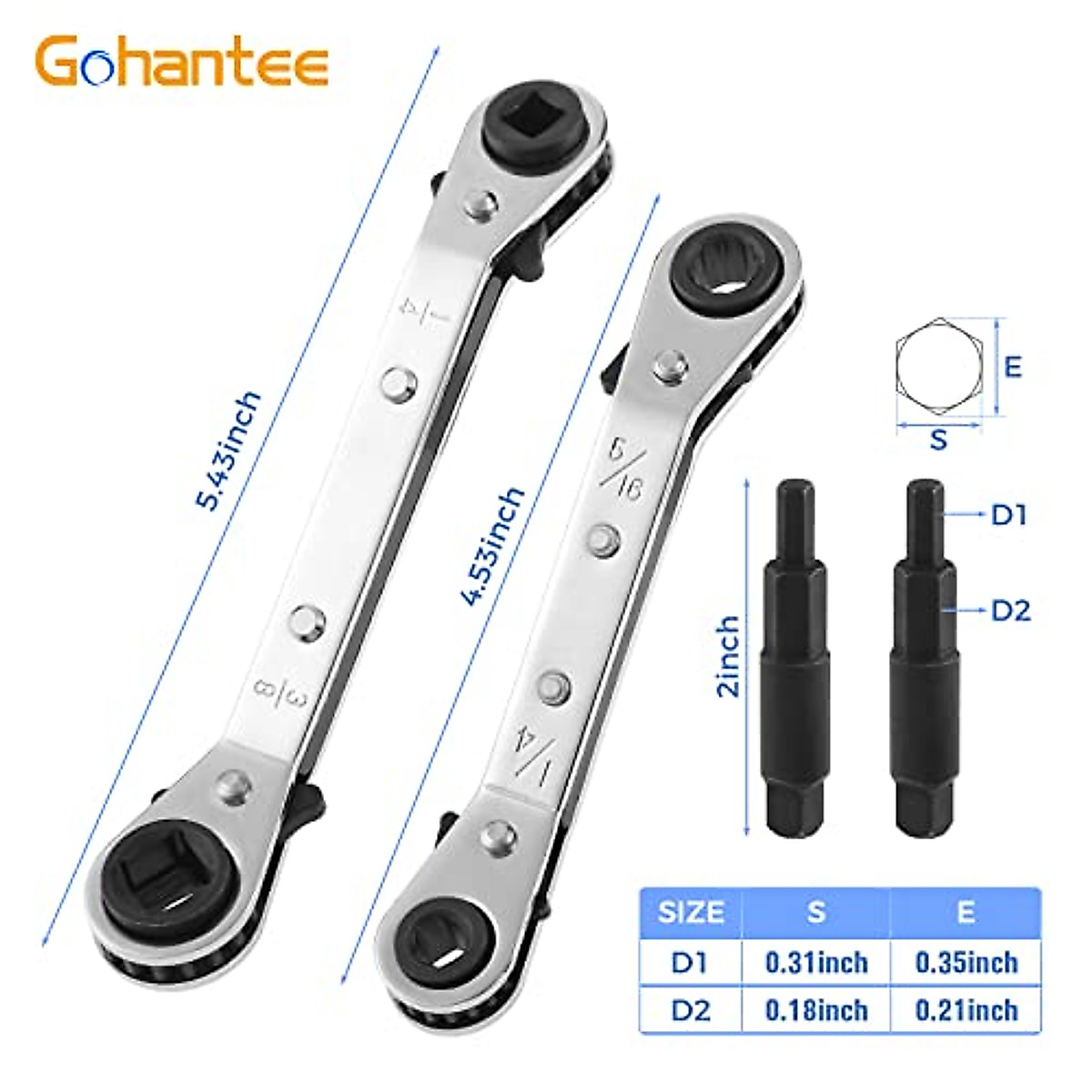 gohantee Hvac Service Wrench Tools Air Conditioner Valve Ratchet Wrench 3/16” to 3/8” 5/16'' x 1/4'' with 2 Hexagon Bit Adapter Kit for Air Refrigeration Tools and Equipment Repair Tools Clearance