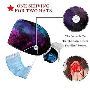 DEYYA 2 Pieces Bouffant Cap with Button Ponytail Pouch, Cotton Working Hat Sweatband, Adjustable Surgical Caps Space Galaxy Universe, Multicoloured 6, Medium-3X-Large