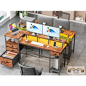 Furologee Computer Desk with 4 Drawers, 60" Office Long Desk with Fabric File Cabinet and Power Outlets, Gaming Desk with LED Lights, Study Writing Work Desk for Home Office, Rustic Brown