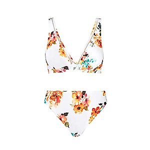 CUPSHE Bikini Set for Women Two Piece Swimsuit Plunge V Neck Hollow Out Trim Retro Mid Rise Floral Print M, White