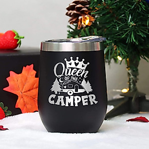 Joyloce Queen Of The Camper Wine Tumbler Coffee Mug Cup Wine Glass Stemless Tumblers With Lid Stainless Steel Insulated Vacuum RV Gifts For Women Camping Travel Outdoors 12 Oz