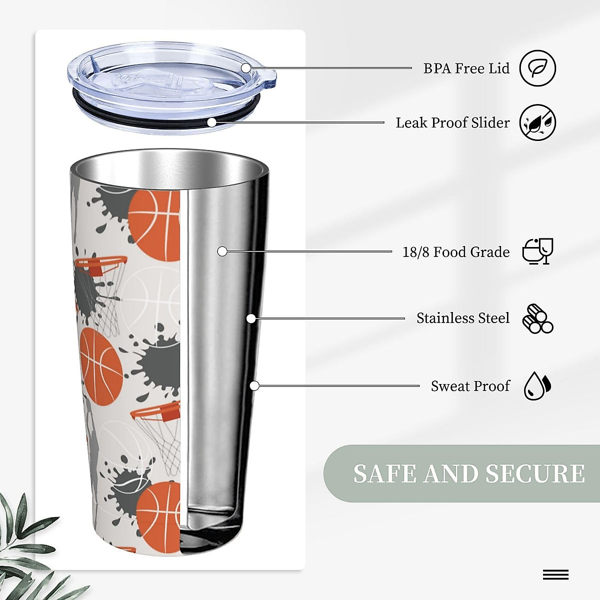 JASROTAO Basketball Game Tumbler, Sports 20oz Stainless Steel Insulated Travel Tumbler,Travel Coffee Mug with Lid and Straw Cups Gifts for Women Men