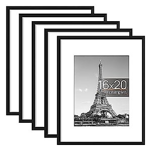 upsimples 16x20 Picture Frame Set of 5, Display Pictures 11x14 with Mat or 16x20 Without Mat,Wall Gallery Poster Frames,Black
