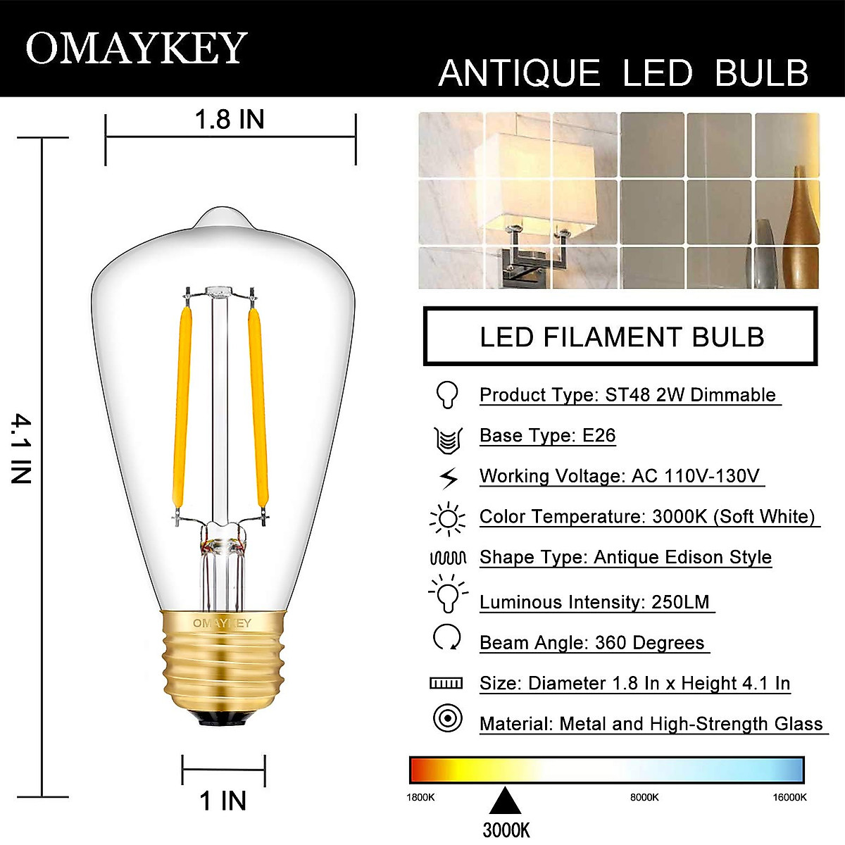 OMAYKEY 2W LED Edison Bulb 25W Equivalent 3000K Soft White 250 LM, E26 Base Antique Edison Style Clear Glass Tiny ST48 Dimmable LED Chandelier Filament Light Bulbs, Pack of 8