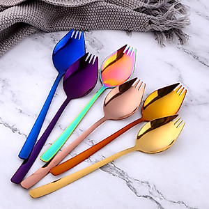 Dongbo 12 Pieces Sporks, 7.6-Inch Stainless Steel Salad Fork and Ice Cream Spoon for Cheese, Fruit and Noodle, Black