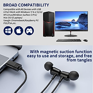 USB Headphone for PC Laptop Magnetic Wired Earbuds, USB Earbuds with Microphone for Business School Office Zoom Gaming, USB Headset with Mute,Noise Canceling in-Ear Corded Earphone with Volume Control