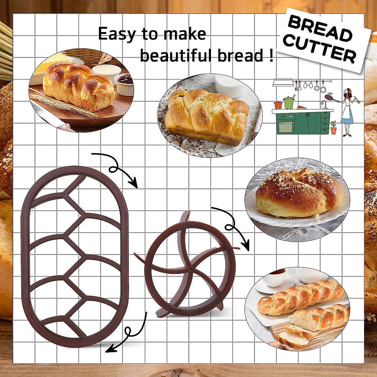 Newmemo Bread Dough Press Mold Set Bread Cutters Baking Bread Rolls Mold Plastic Pastry Cutters Kaiser Stamp Round Oval Classic Bread Press Mold for Baking Supplies