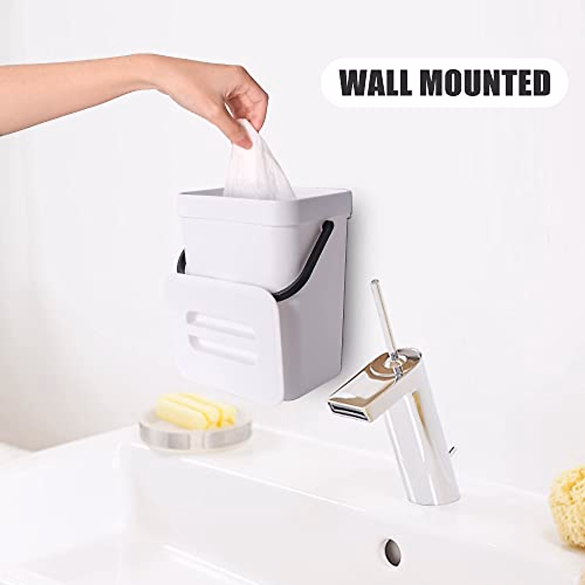 Cesun Small Trash Can with Lid Mini Kitchen Hanging Trash Can Tightly Sealed Odor Free, Small Countertop Compost Bin for Scraps from Daily Cooking, Mountable Trash Bin for Kitchen Counter, 3L White