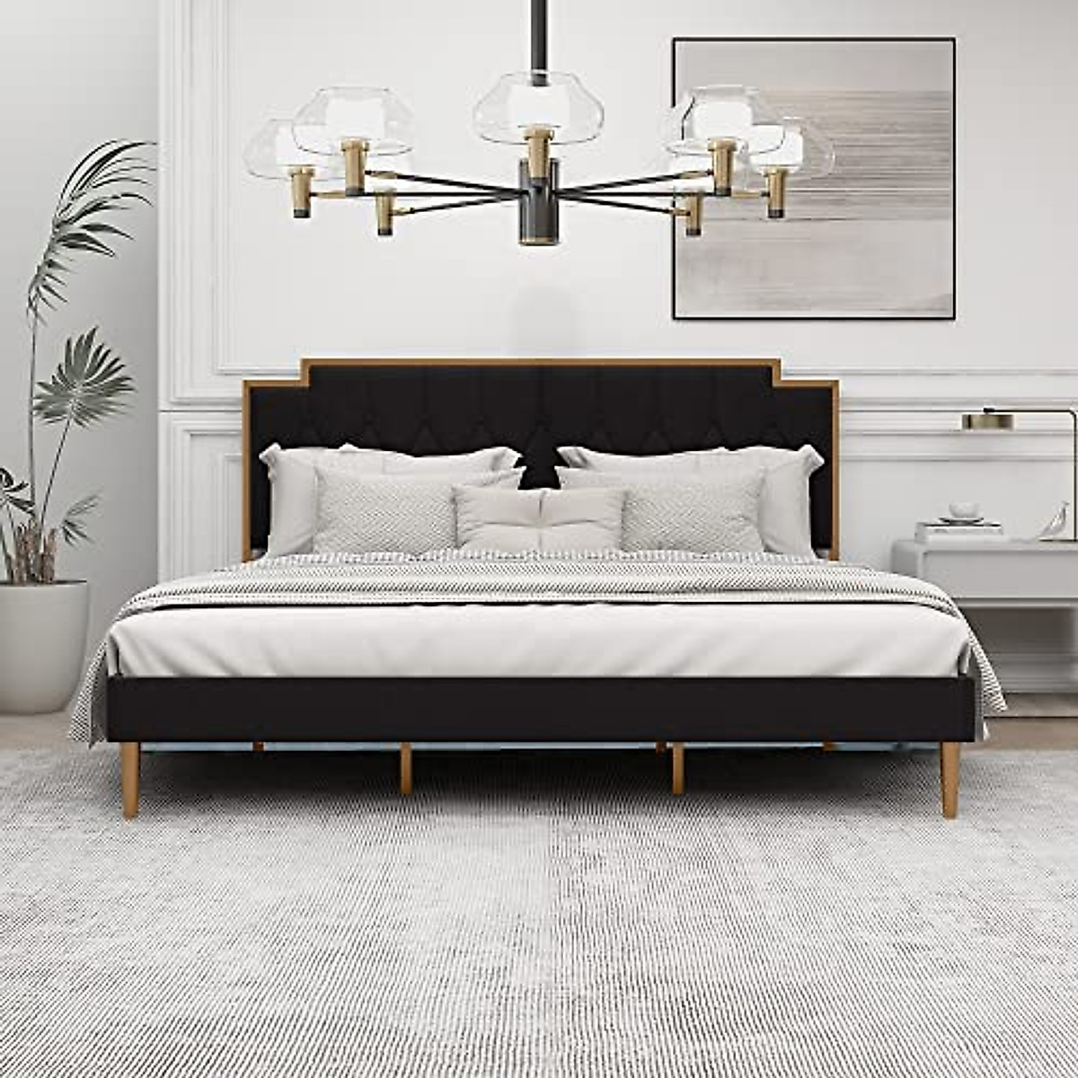 AGARTT Upholstered Platform King Size Bed Frame with Headboard Premium Stable Wood Slat Support No Box Spring Required Black