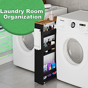 MARTY Rolling Storage Cart 4-Tier Black Kitchen Cart on Wheels, Slim Storage Cart with Handle Slide Out Utility Cart Shelving Unit Organizer Trolley for Laundry Narrow Places Bathroom Small Corner