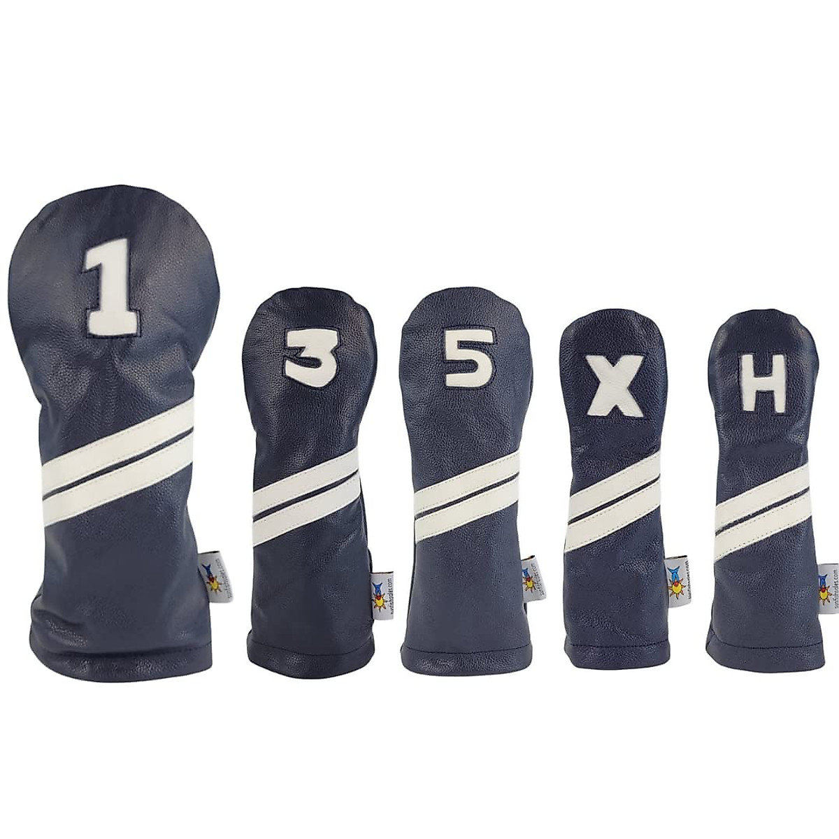 Sunfish Navy Blue and White Leather Golf Club Headcover 5 Piece Set 1 3 5 X H Driver 2 Fairways 2 Hybrids