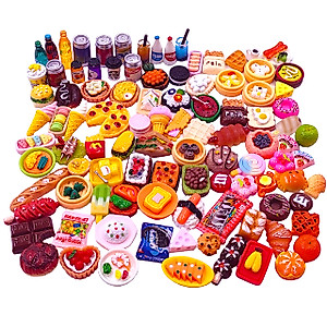 100pcs Miniature Food Drinks Bottle Toys Dollhouse Mixed Resin Accessories for Adults Kids Kitchen Accessories for Pretend Play (Hamburger, Pizza,Cake,Ice Cream,Bread)